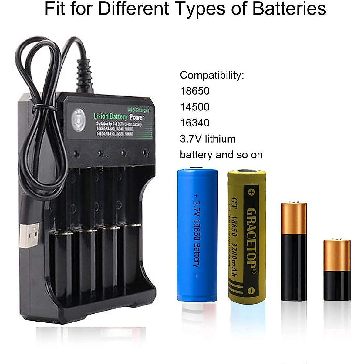 18650 Battery Charger 4 Bay, 18650 Charger 2A Quick Charger for 3.7V Rechargeable Batteries 18650 17670 16340 14500 10440 Battery (Not Included Batteries)
