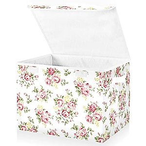 senya Flower Storage Baskets Collapsible Storage Bins with Lids, Pink Rose Flower Floral Storage Boxes Clothes Baskets for Organizing