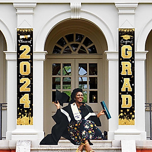 2024 Graduation Party Decorations - Green Gold Class of 2024 Congrats Grad Porch Sign Banner Hanging Flag Graduation Party Supplies for School College Classroom Decor