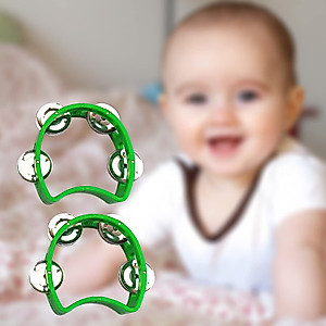 Bealuffe Tambourine Mini Hand Bell Percussion Musical Instrument Small Tambourine (Green 2 Pack)