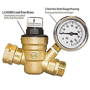 Hourleey Water Pressure Regulator Valve, RV Brass with Gauge and Inlet Screened Filter for Camper Trailer