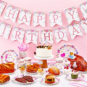 153 Pcs Easter Bunny Birthday Party Decorations Kit with Bunny Birthday Banner, Swirl, Latex Balloons, Cupcake Toppers, Paper Plate Cups Disposable Spoon for Rabbit Themed Girl Birthday Party Supplies