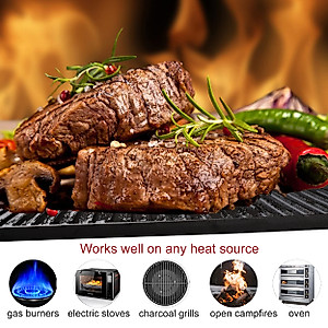 Max K 2-in-1 Cast Iron Grill & Griddle - Pre-Seasoned Reversible Grilling Plate - Oven, Campfire, Double Burner Stove Top Skillet - With Handles, Grease Reservoir - 20"x9" Inch