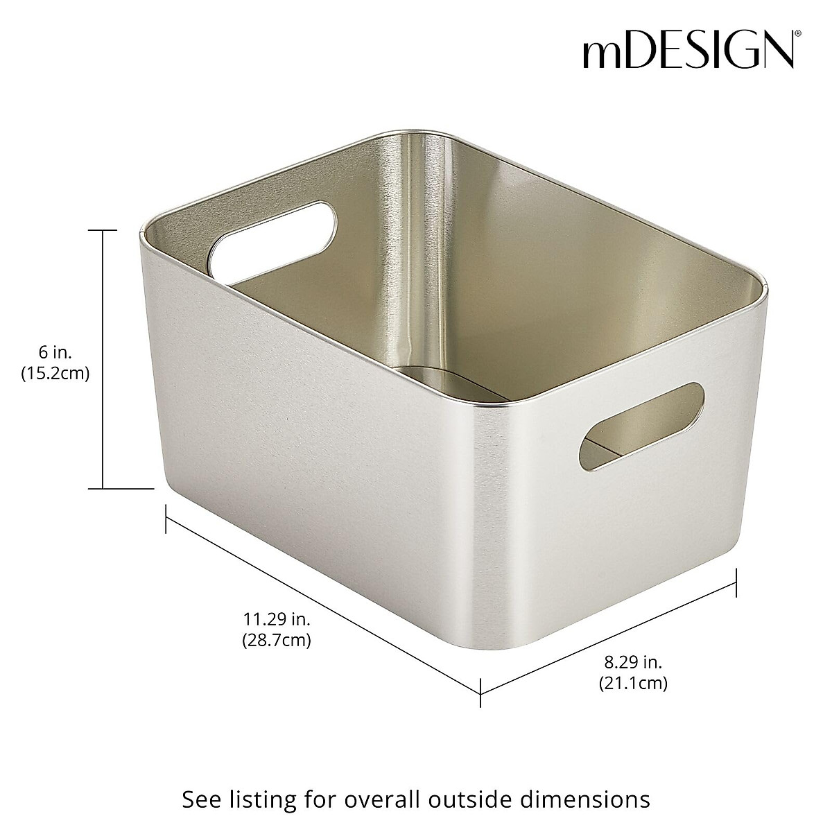 mDesign Steel Metal Storage Container Bin Basket, Handle - Kitchen Pantry, Cabinet, Fridge, Drawers, Freezer Organization - Food/Snack Holder Crates, 9" Wide, Mirri Collection, 2 Pack, Brushed Chrome