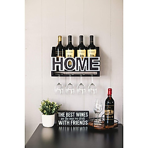 ienjoyware Wooden Wall Mounted Home LED Wine Rack and Glass Holder – Wall Décor for Home Interior – Wine Racks Display with LED – 4-Bottle and 4-Glass Holder