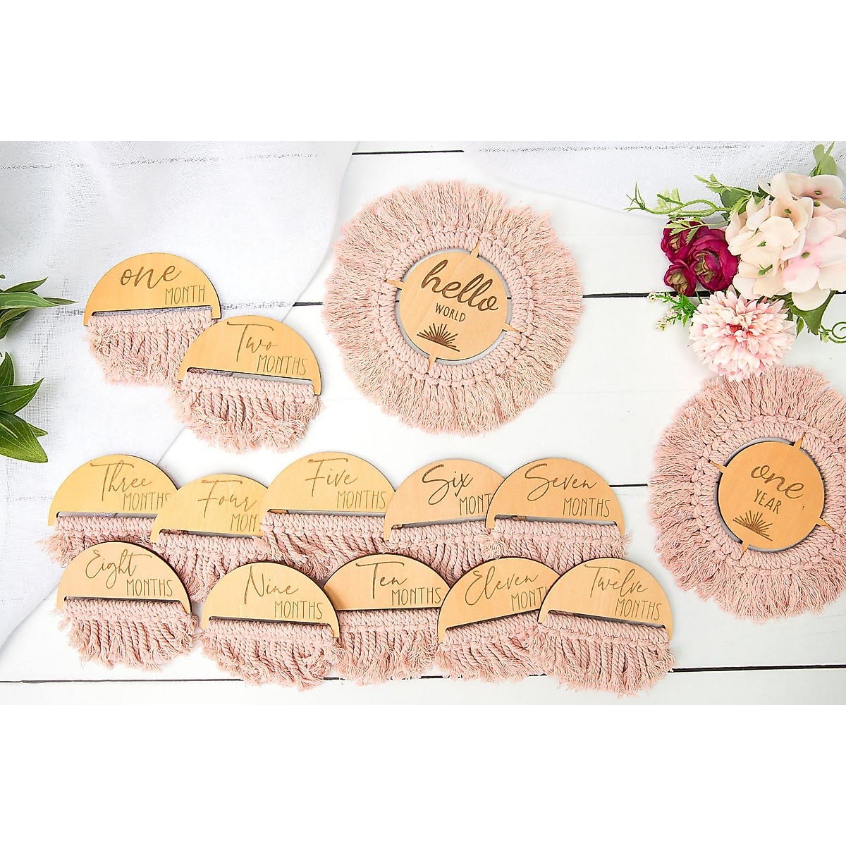 Baby Monthly Milestone Growth Announcement | Hello World | First Year | Pink Mauve Macrame Wooden Circle Marker Card Pregnancy Gift