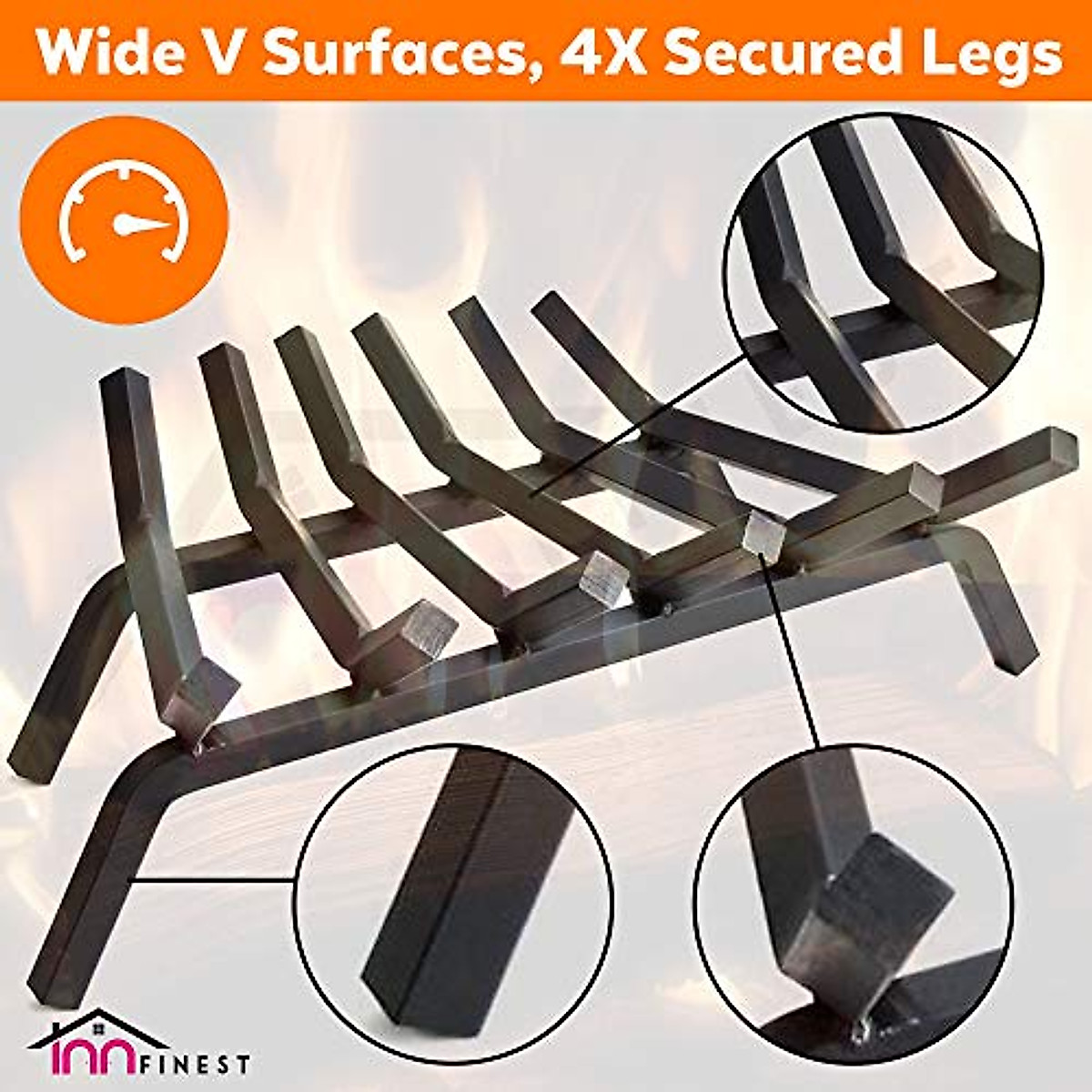 INNFINEST Fireplace Log Grate 27 inch 6 Bar Fire Grates Heavy Duty 3/4” Wide Solid Steel Indoor Chimney Hearth Outdoor Fire Place Kindling Tool Pit Wrought Iron Wood Stove Firewood Burning Rack Holder