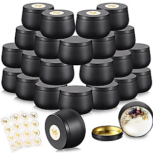 Candle Tin with Lids Candle Jars Portable Round Candle Tin Container Large Candle Metal Tin with 24 Thank You Sticker for DIY Bulk Candle Making Kitchen Candy 24 Pieces 8 oz (Black)
