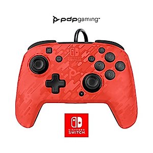 PDP Gaming Faceoff Deluxe+ Wired Switch Pro Controller - Officially Licensed by Nintendo - Customizable gamepad buttons, sticks, triggers, and paddles - Ergonomic Controllers - Red Camo / Camouflage