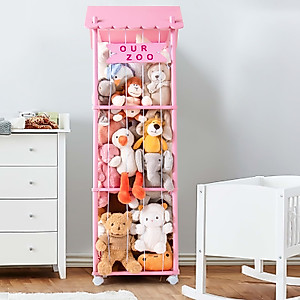mloong Large Stuffed Animal Zoo Storage, 58" Tall Wooden Stuffed Animal Cage, Stuffed Animal Zoo Wood Soft Toy Organizer, Applicable Kids Nursery Play Room Bedroom (Pink)