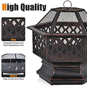 Giantex 26 Inch Outdoor Fire Pit, Large Hexagonal Fire Bowl with Spark Screen Cover and Poker, Wood Burning Firepit for Outside Camping Garden Patio Backyard