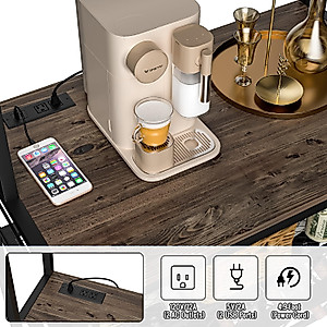 GEBAROW Wine Rack Freestanding, Metal Wine Rack, Industrial Wine Bakers Rack with LED and Sockets, Bar Cabinet with Glass Bottle Holder for Home Kitchen Dining Room, Rustic Brown