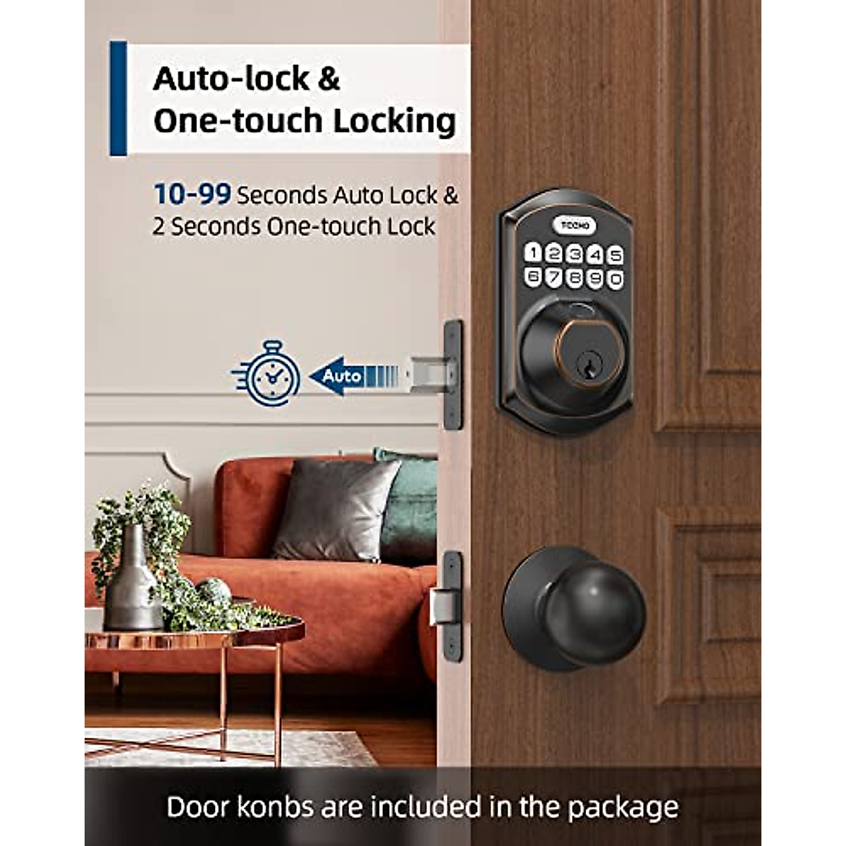 TEEHO TE002K Fingerprint Door Lock Set - Keyless Entry Door Lock with Handle - Door Knob with Keypad Deadbolt - Smart Locks for Front Door - Auto Lock - No Need App - Easy Installation - Bronze