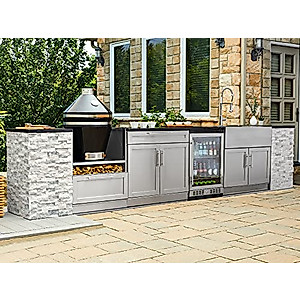 NewAge Products Signature Series 6 Piece Outdoor Kitchen Cabinet Set, Stainless Steel 4-Burner BBQ Liquid Propane Gas Grill, Compact Family Patio Barbecue Grilling Set, Ivory Travertine, 68213