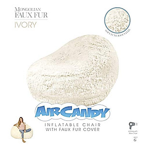 Air Candy Mongolian Faux Fur Ivory White Inflatable Chair, Premium, Soft, Fluffy Fur, Contemporary Design for Bedroom, Dorm, Living Room, Gaming, Removable and Washable Fur Cover