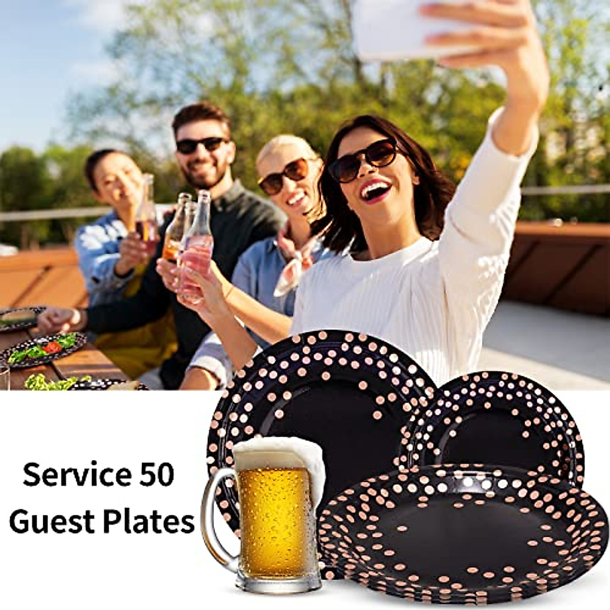 Round Disposable Black and Rose Gold Dotted Paper Plates - 50 x 9" and 50 x 7" Dinner Plates, Foil Polka Dots Occasions