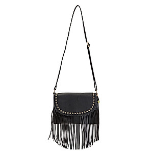 Zodaca Black Fringe Purse for Women, Faux Leather Hippie Crossbody Bag (10.5 x 1.5 x 7.8 In)