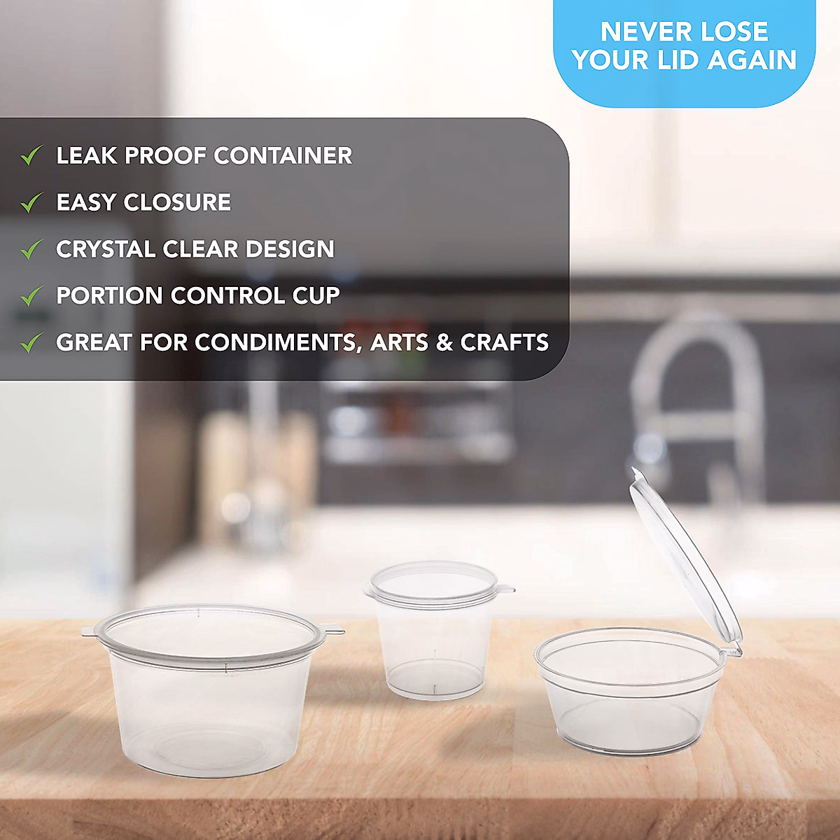 Party Essentials Leak Proof Plastic Condiment Souffle Containers with Attached Airtight Portion Cup with Hinged Lid for Sauces, Samples, Slime, Jello Shot, Storage, Craft, 100 Sets, 2 oz, Clear