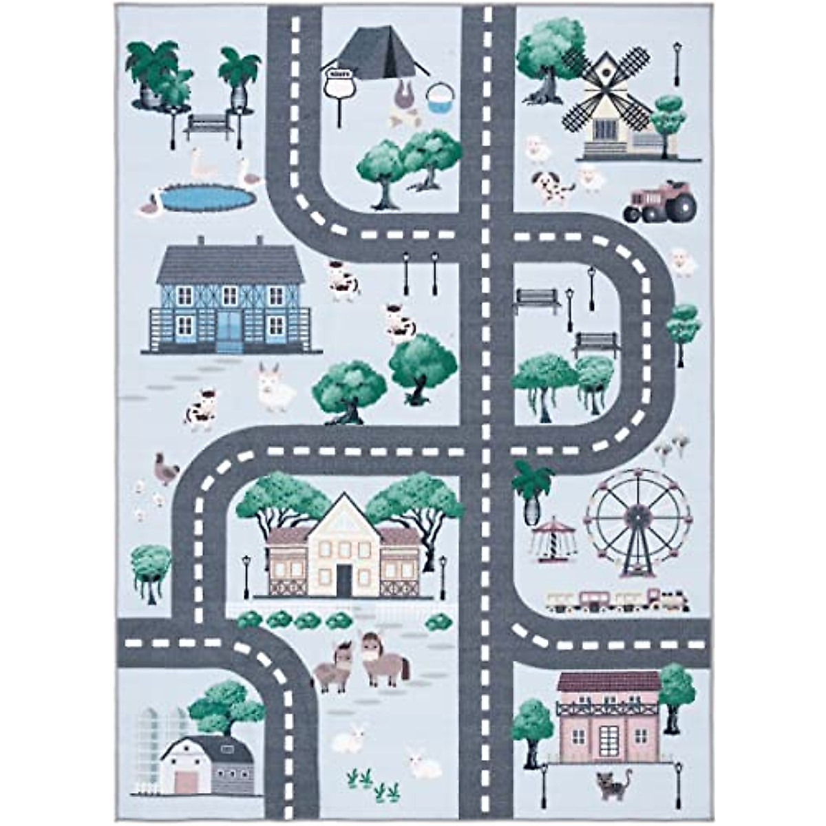 SAFAVIEH Kids Playhouse Collection Area Rug - 6'7" x 9', Blue & Dark Grey, Non-Shedding Machine Washable & Slip Resistant Ideal for High Traffic Areas for Boys & Girls in Playroom (KPH235M)