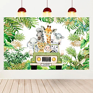 Mocsicka Safari Jungle Animal Party Banner Wild One Baby Shower Birthday Party Decoration for Boy Cartoon Elephant Giraffe Lion Forest Jungle Theme Party Supplies, 72.8 x 43.3 Inch