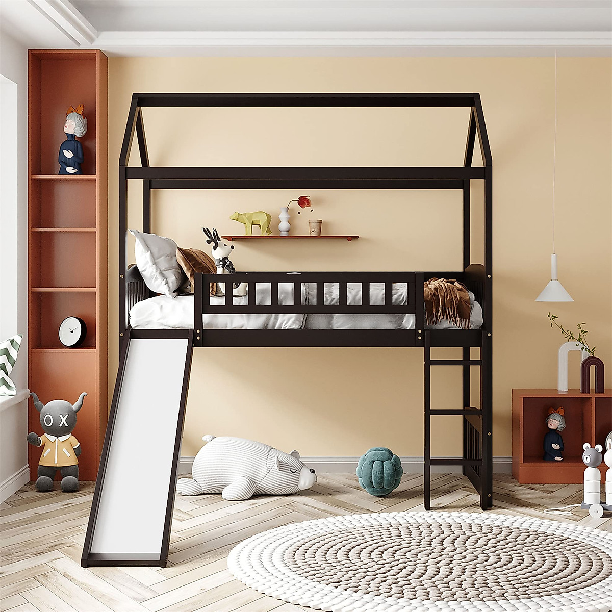 Harper & Bright Designs Twin Loft Bed with Slide, Solid Wood House Loft Bed with Ladder, Playhouse Bed for Kids Girls Boys (Espresso)
