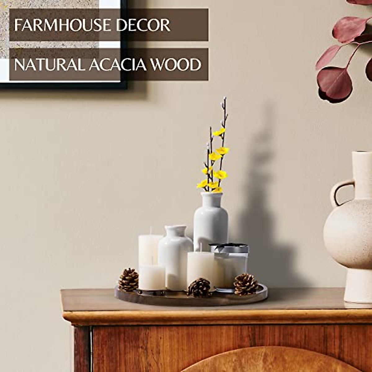 Decorative Round Beautiful Tray for Décor Kitchen Dining Room -Acacia Wood The Perfect Small Candle Tray for Coffee Table and Home Decor