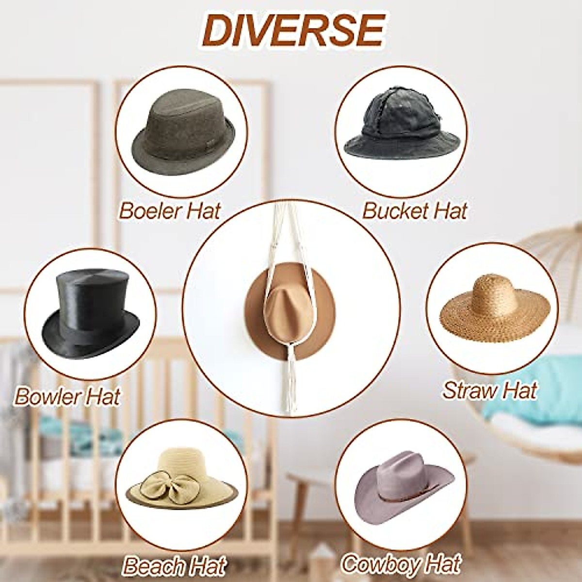 Topretty Hat Organizer 3 Pieces Boho Hats Rack Handmade Cotton Rope Woven Hat Hangers Bohemian Hat Holder for Man and Women Caps Storage Wall Display Living Room Bedroom Decor