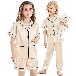 SWOMOG Kids Satin Pajamas Set 3Pcs Girls Boy Silk Pjs Set with 2 Pockets Short Sleeve Cute Button Down Sleepwear 4T-13T Champagne