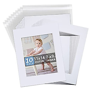 Somime 10 Pack White Photo Mats 11x14 for 8x10 with Core Bevel Cut Matte Sets, Acid Free Mat Board for Picture Frame, Photos, 11x14 Mat - Includes Pre-Cut Mats, Backing Boards and Clear Seal Bags
