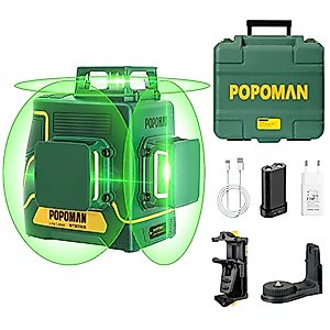 Laser Level 3D & 3 x 360°, Line Laser Green POPOMAN, USB Rechargeable, Self Leveling and Pulse Mode, Magnetic Pivoting Base, Auxiliary Supporting Bracket, Carrying Case Include - MTM350B