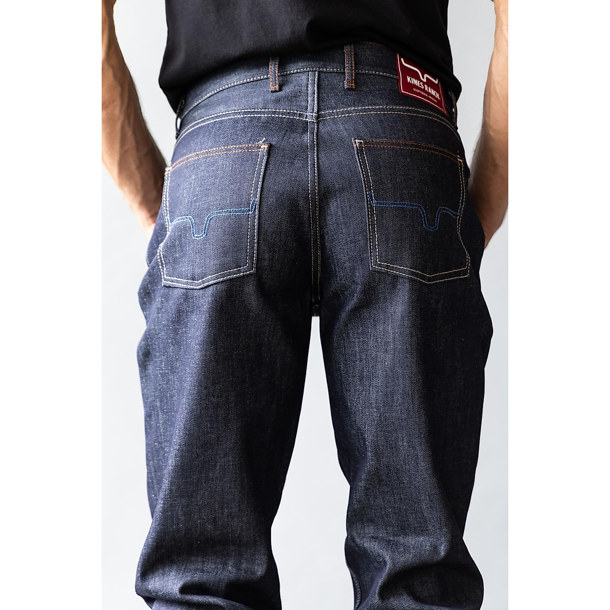 Kimes Ranch Men's Raw Dillon Mid-Low Rise Relaxed Upper Thigh Wide Bootcut Hand-Sanded Integrated Knife Pocket Jean 35W/34L Blue