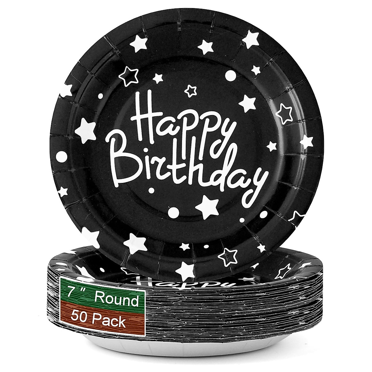 CENLBJ Happy Birthday Party Paper Plates,Black Birthday Dessert Plates,7inch-50pcs,Foil Polka Dots Paper Plates for Birthday Party Decorations