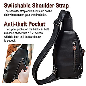 CENUNCO Genuine Leather Sling Bag for Men and Women Crossbody Sling Backpack Concealed Carry Chest Purse Black Casual Daypack Anti-Theft Travel Pouch