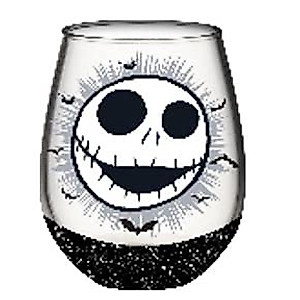 Disney Tim Burton’s The Nightmare Before Christmas Jack Skellington Face 20 Ounce Stemless Wine Glass with Glitter Base - Official Kitchen Collectible Novelty Drinkware Gifts