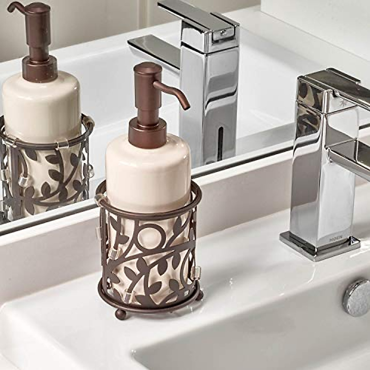 iDesign Ceramic Soap Dispenser Pump, The Vine Collection - 13oz, 3.5" x 3.5" x 8.75", Vanilla and Bronze