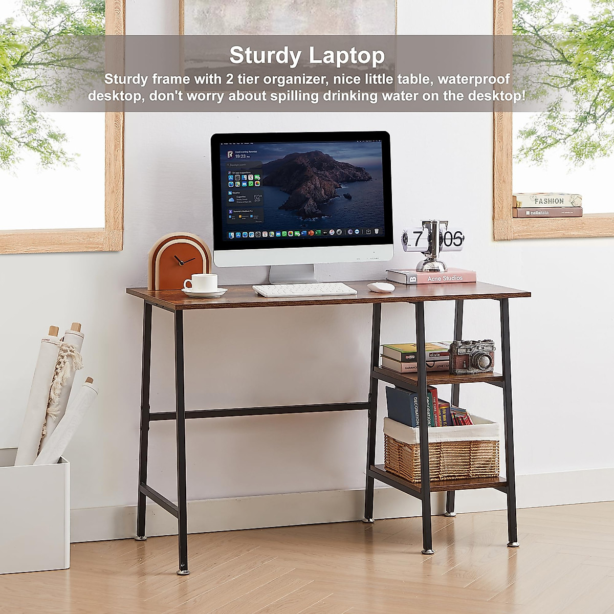 VECELO 43 Inch Computer Desk Writing Study Work Office Table Modern Desk with Shelves Wooden Desk for Home Bedroom,Walnut Desk