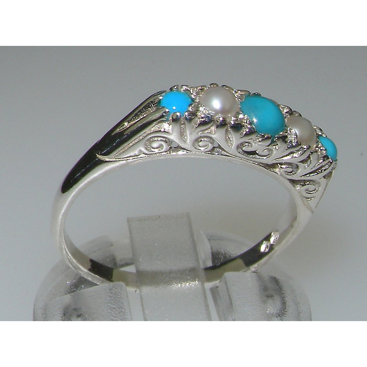 925 Sterling Silver Natural Turquoise and Cultured Pearl Womens Band Ring - Size 7.75