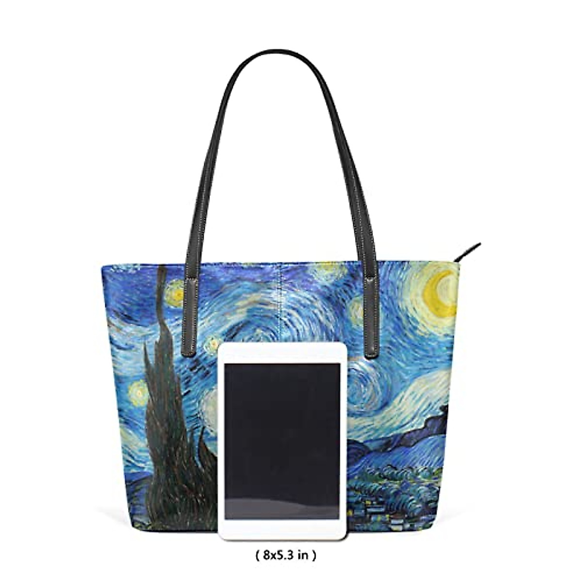 Starry Night Painting Tote Bag for Women, Large Leather Tote Shoulder Bag Handbag with Zipper, 11.8 x 3.5 x 11 inch