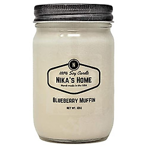 Nika's Home Blueberry Muffin Soy Candle 12oz Mason Jar Non-Toxic White Soy Candle-Hand Poured Handmade, Long Burning 50-60 Hours Highly Scented All Natural, Clean Burning Candle Gift Décor