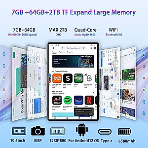 OSCAL Tablet 10.1 Inch 7GB RAM 64GB ROM 1TB, 2023 Latest PAD70 Android 12 Tablet with 13MP Dual Camera, WiFi, BT5.0, 1280x800 IPS HD Touch Screen,6580mAh GPS Tablets (Grey)
