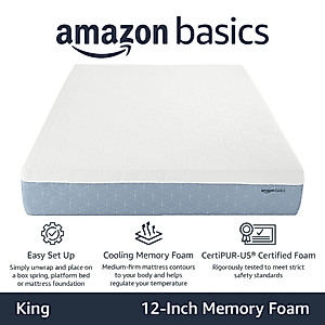 Amazon Basics Memory Foam Mattress, Medium Firm, Cooling Gel, King Size Mattress, CertiPUR-US® Certified Foam, 80 x 76 x 12 inches, White/Gray
