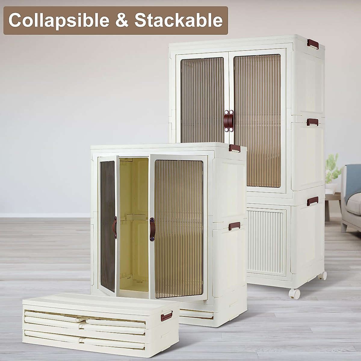 FozsKeylf Stackable Closet Storage Bins, Collapsible Clothes Organizers, Portable Wardrobe Closet with Lids and Doors, Movable Clothes Storage with Coat Hangers, White