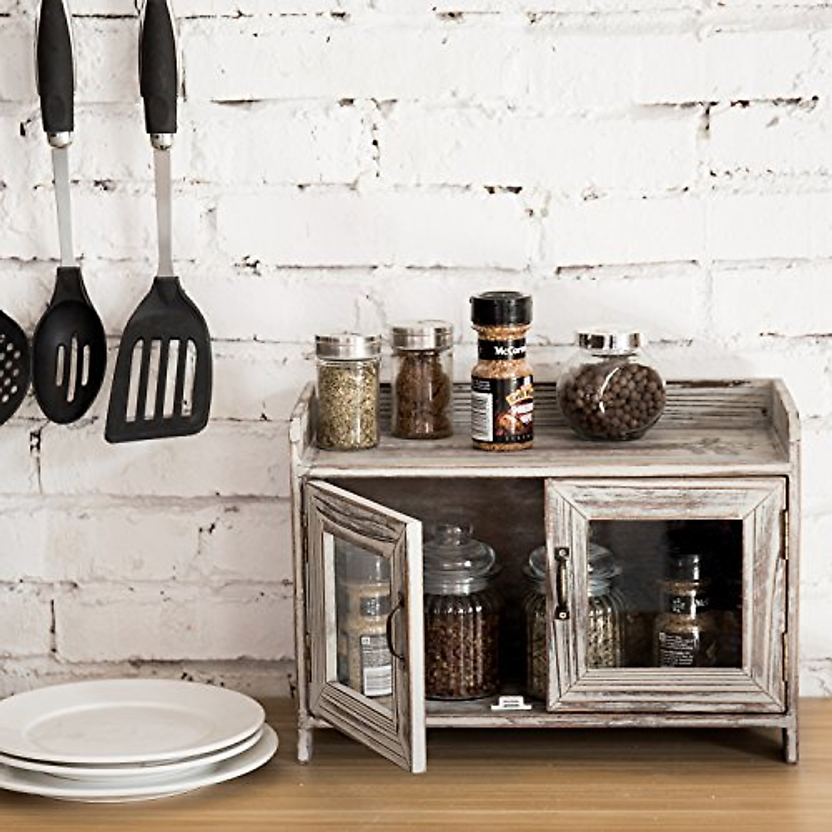 MyGift Solid Torched Wood Countertop Storage Cabinet with 2 Glass Window Doors, Multipurpose Mini Organizer Cupboard for Kitchen or Bathroom