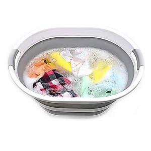 SAMMART 34L(8.98 Gallon) Set of 2 Collapsible Plastic Laundry Basket-Oval Tub/Basket-Foldable Storage Container/Organizer-Portable Washing Tub-Space Saving,Water Capacity 29L(7.66 Gallon) (2, Grey)