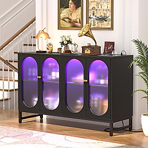 Aheaplus Sideboard Buffet Cabinet with Power Outlet, Kitchen Sideboard Storage Cabinet with LED Light, 4 Doors, Modern Accent Cabinet Coffee Bar Cabinet Console Table for Kitchen Dining Room, Black