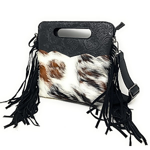 Texas West Western Women's Genuine Leather Cowhide Cowfur Fringe Crossbody Bag in 3 Colors Medium/Large (Large Black)