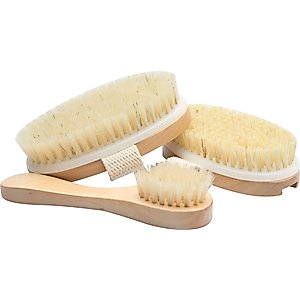 Essential Living: 3-Piece Dry Brushing Spa Kit - 1 Face Brush, 2 Body Scrub Brushes and a Cotton Bag - Body and Skin Care for Exfoliation, Blood Circulation and Lymphatic System Stimulation Support
