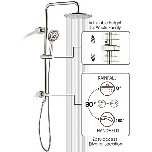 BRIGHT SHOWERS Rain System Including 9 Inch Rainfall shower head and Handheld with Height Adjustable Holder, Solid Brass Rail and 60 Inch Long Stainless Steel Shower Hose