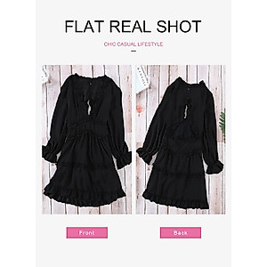 Dokotoo Womens Cute Spring Summer Casual Sexy Deep V Neck Ruffle Chiffon Lantern Long Sleeve Elegant Boho Hawaiian Flowy Mini Short Skirt Dresses for Women Party 2023 Black Small