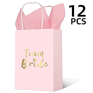 Outus 12 Pieces Team Kraft Bride Gift Bag Bridesmaid Gift Bag Wedding Bride Handles Paper Bag with 12 Pieces Tissue Paper for Wedding Bridal Party, Pink, Gold Letter(3 x 6 x 8 Inch)